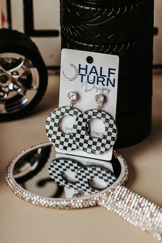 Checkered Earrings on Rhinestone Studs Black and White Statement Jewelry Gift for Sports Car Racing Fan Etsy