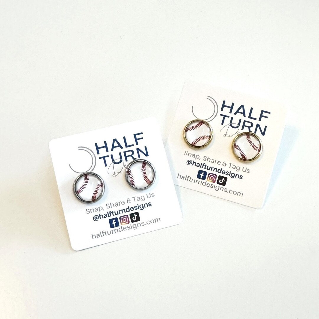 Baseball Stud Earrings, Glass Baseball Charm Set in Gold or Silver ...