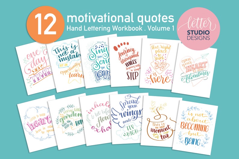 12 Motivational Quotes Hand Lettering Practice Workbook Vol.1 Brush Pen ...