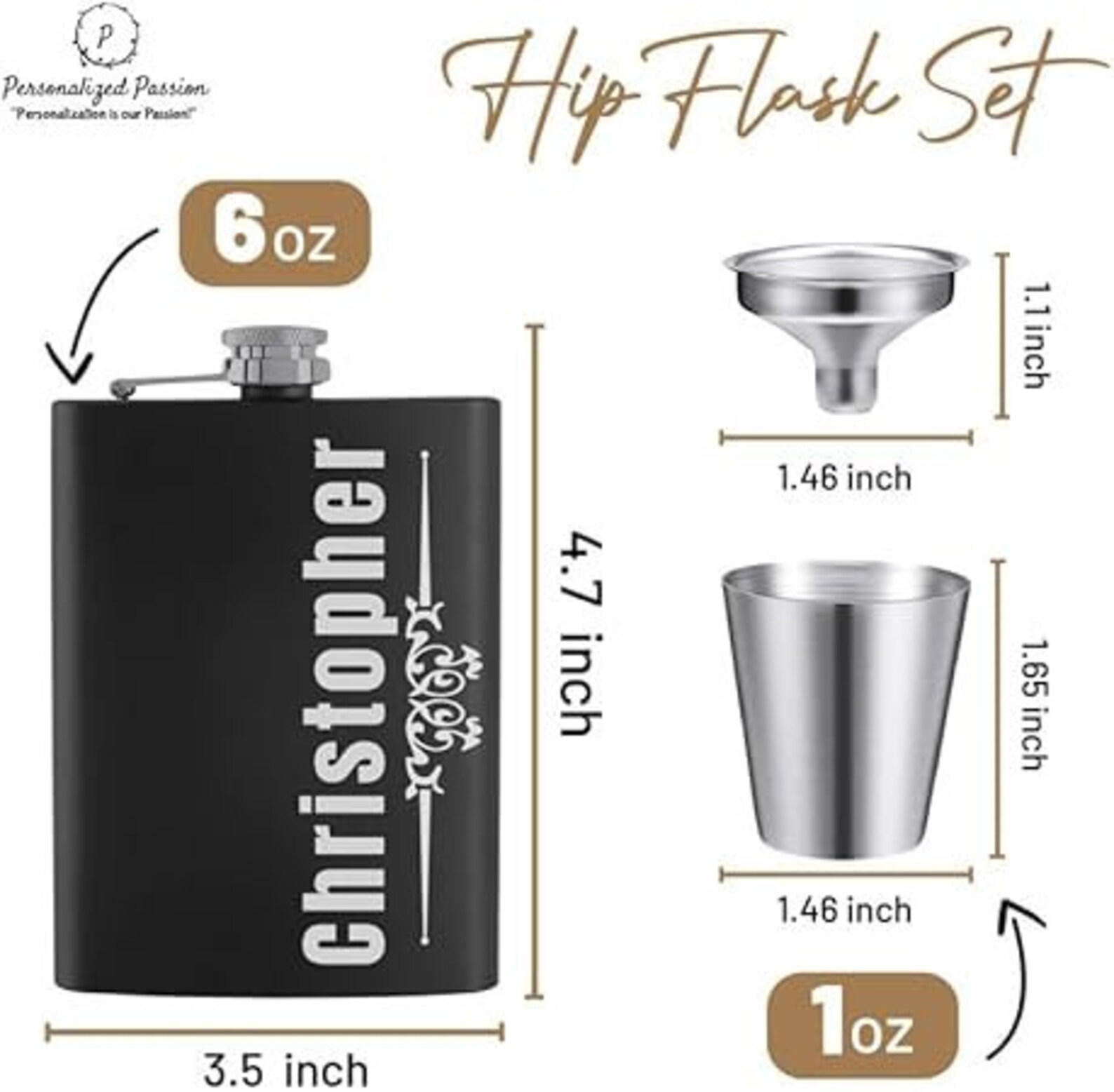 Personalized Hip Flask for Men - 6oz Stainless Steel Flask Set With Shot Glass & Funnel - Luxury ...