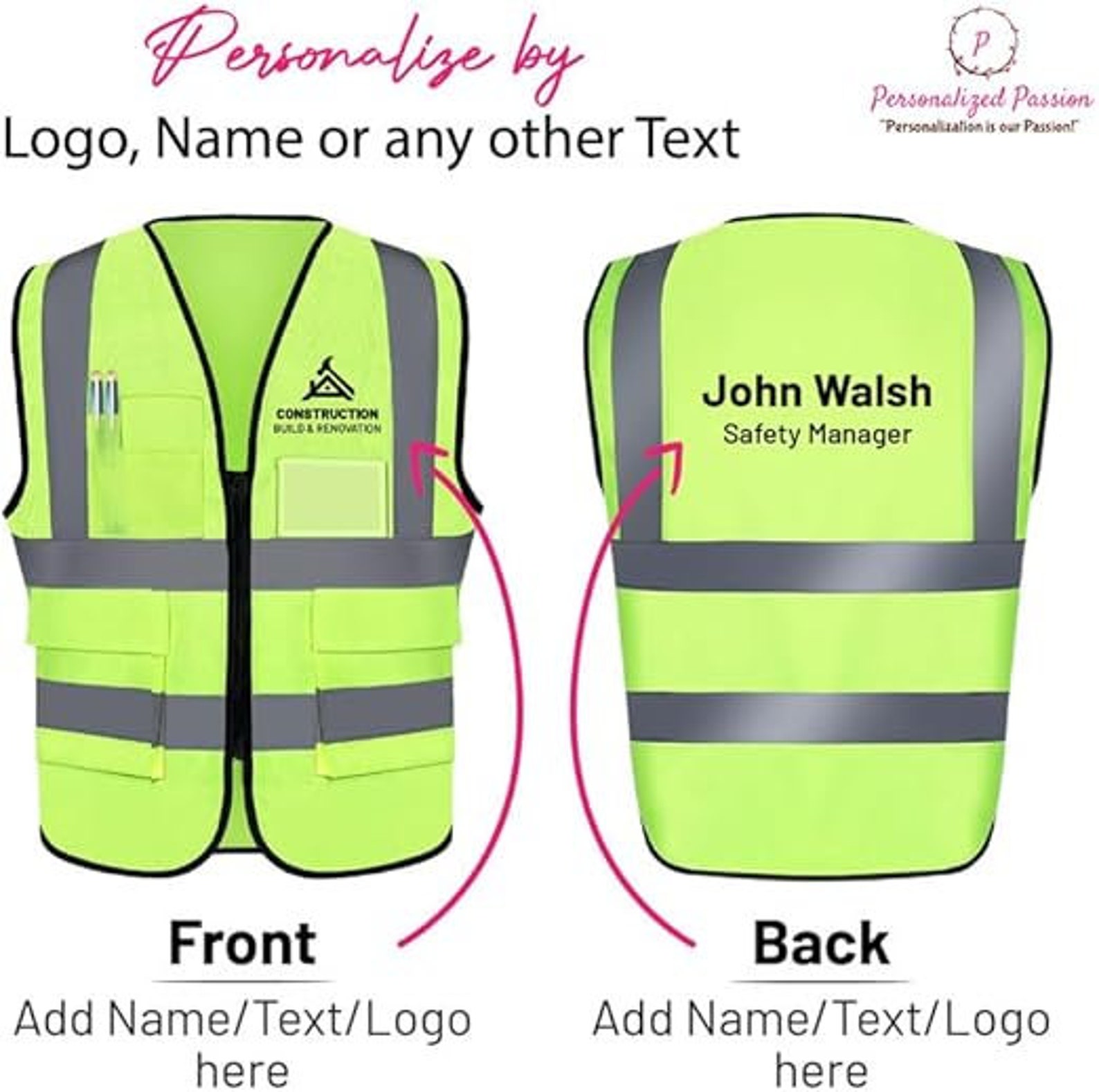 Personalized Safety Vest With Name and Logo - High Visibility Vest for ...