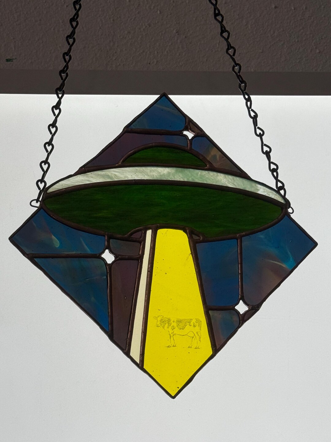 Stained Glass UFO With Laser Engraved Cow! - Etsy