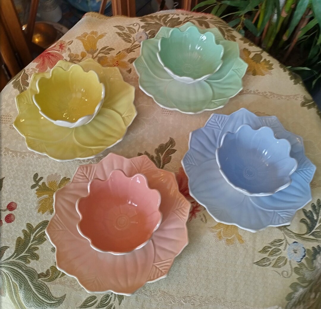 Anchor Hocking Fire King Set of Four Lotus Dessert Bowls and Plates - Etsy