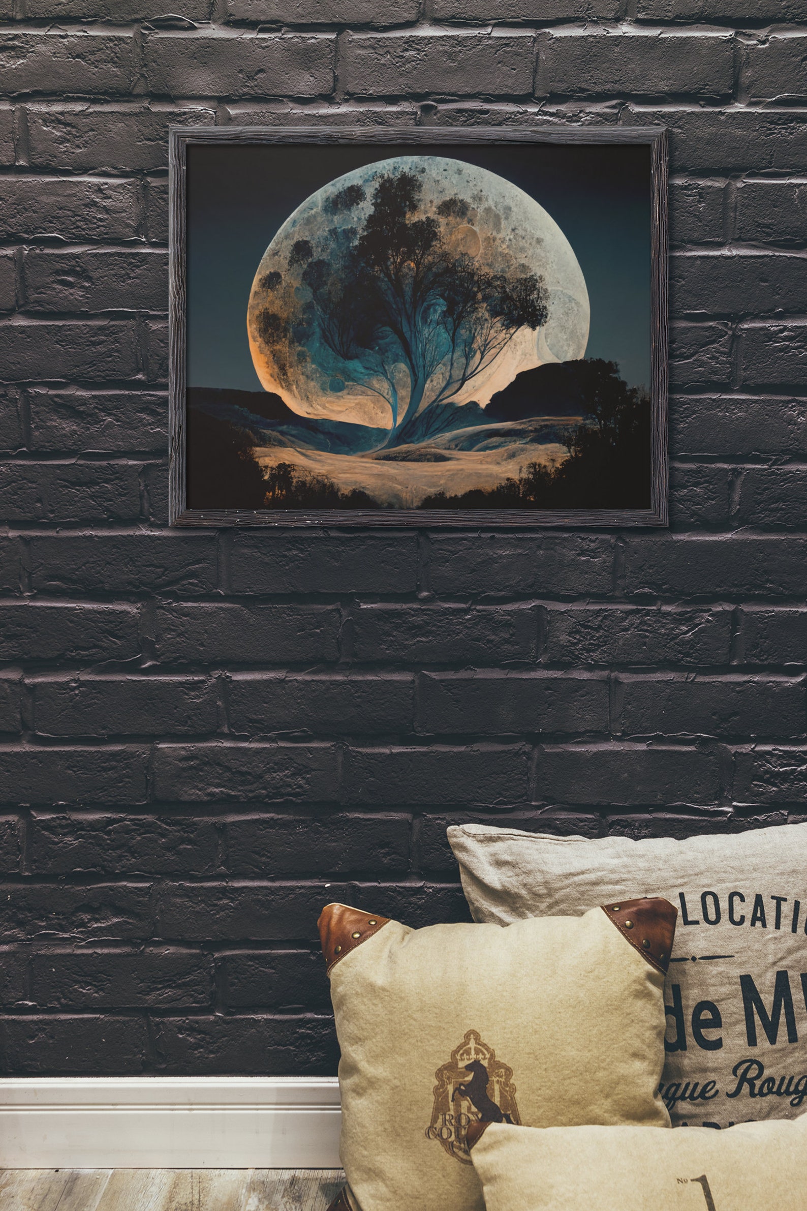 Moon,tree Mountain Wall Art, Giclee Print, Abstract Blue Moon, Large ...