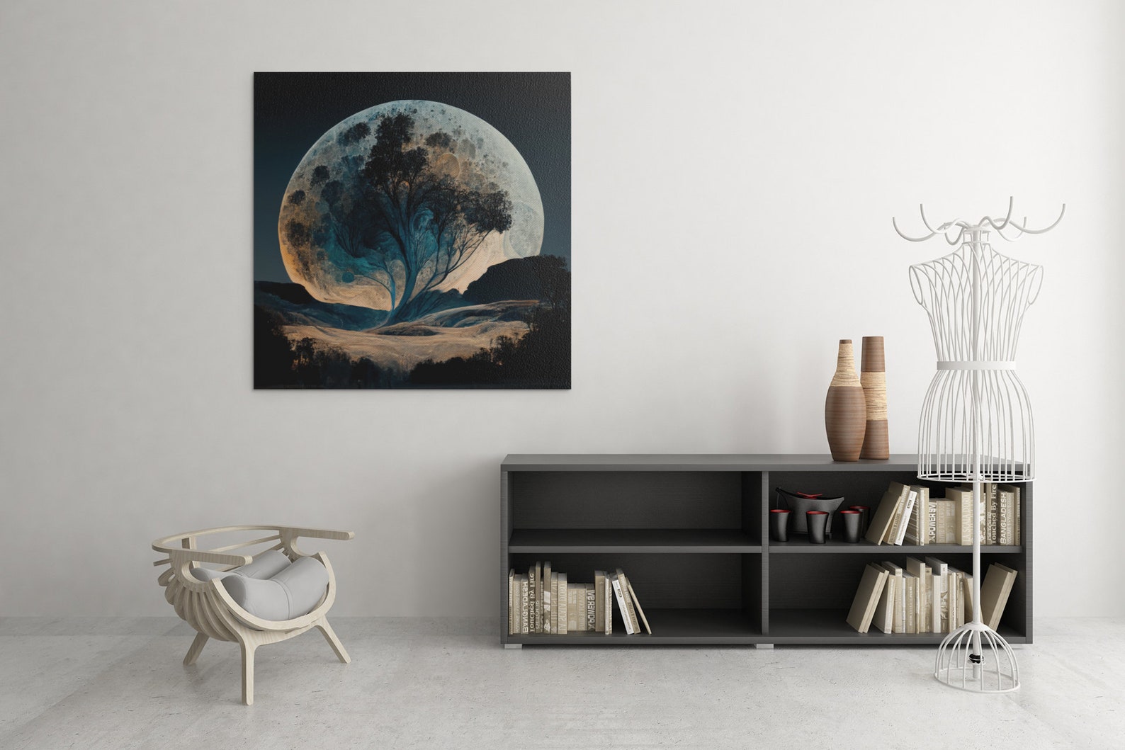 Moon,tree Mountain Wall Art, Giclee Print, Abstract Blue Moon, Large ...