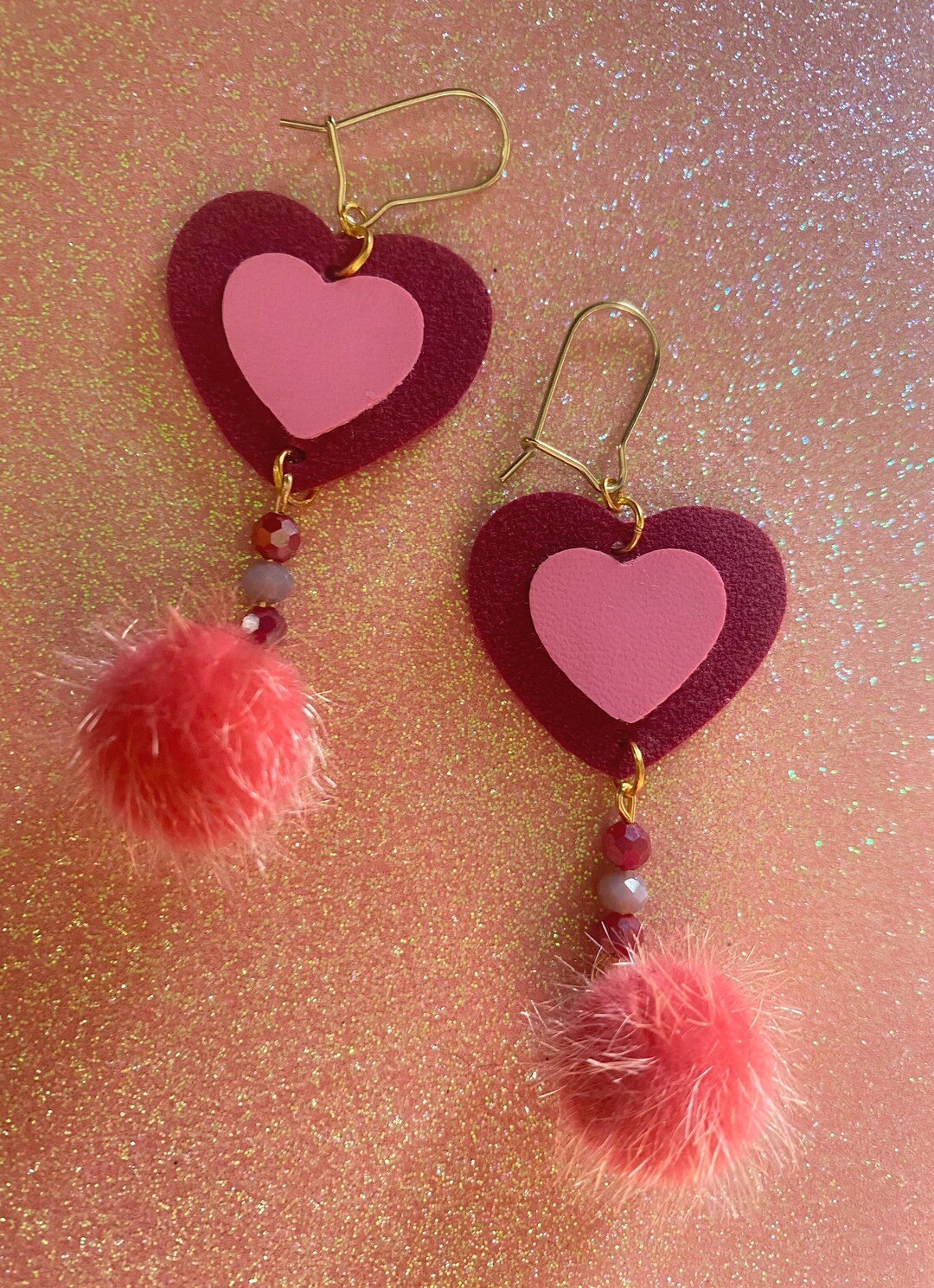 Pinky Puffs: Faux Leather and Puffs Valentine Earrings. - Etsy