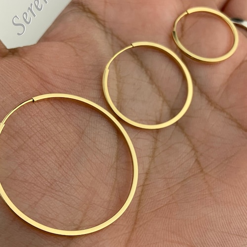 14k Solid Gold Hoop Earrings 15mm Thin Endless Hoops Etsy