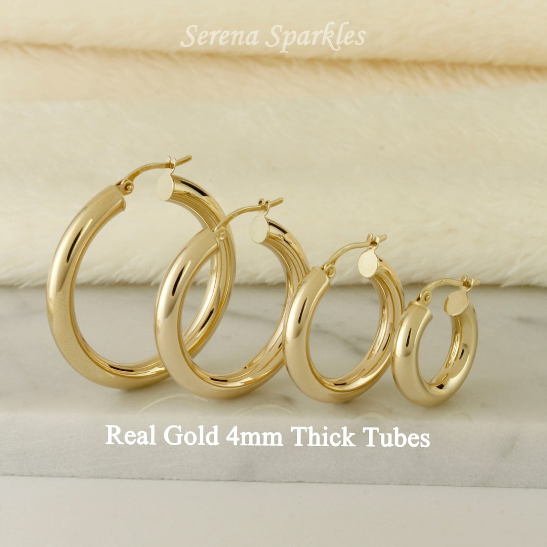 10k Solid Gold Classic Hoop Earrings, Thick Hoop Earrings, Classic Tube ...