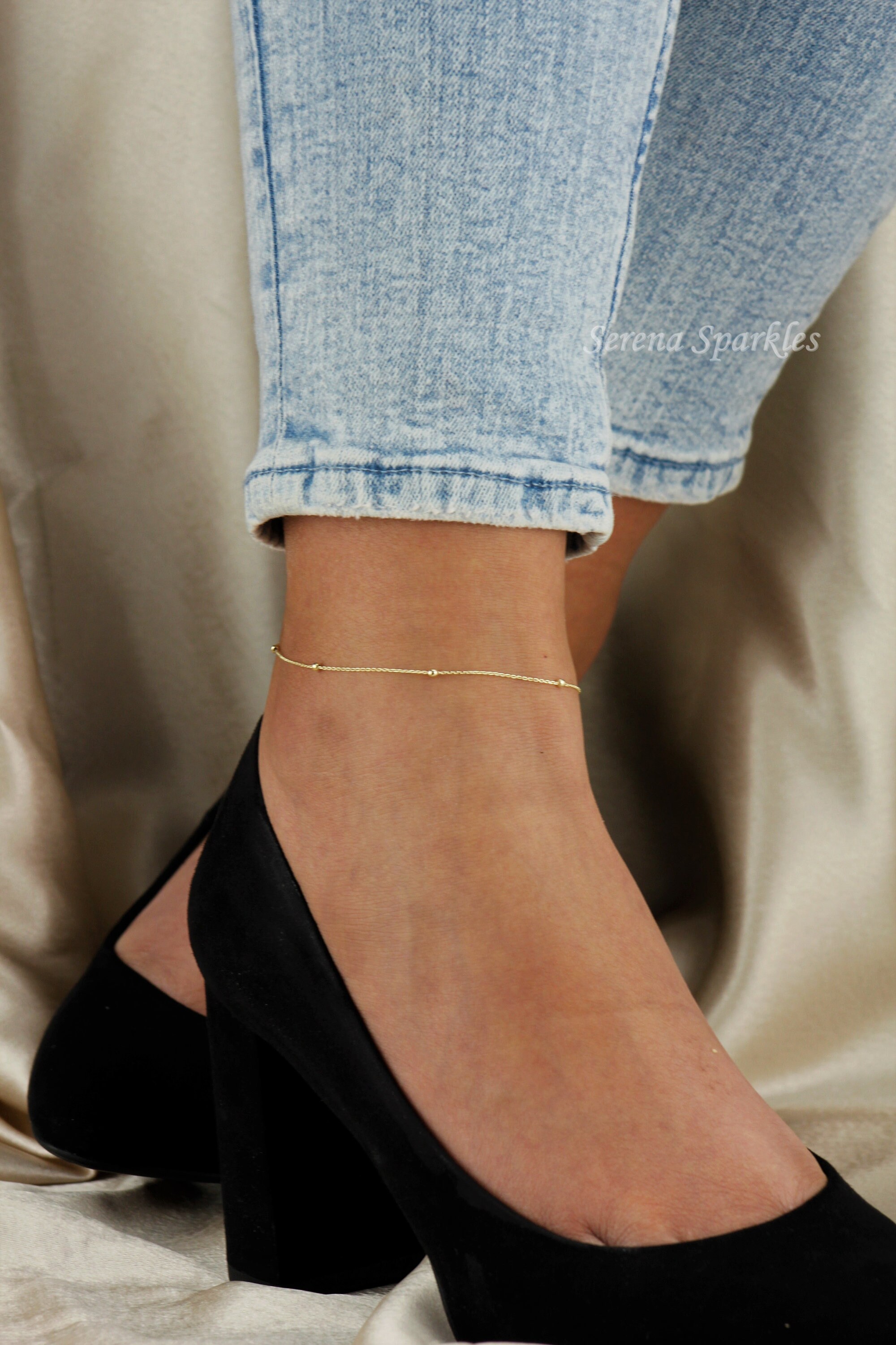 10k Solid Gold Satellite Chain Anklet, Real Gold Ball Anklet, Dainty ...