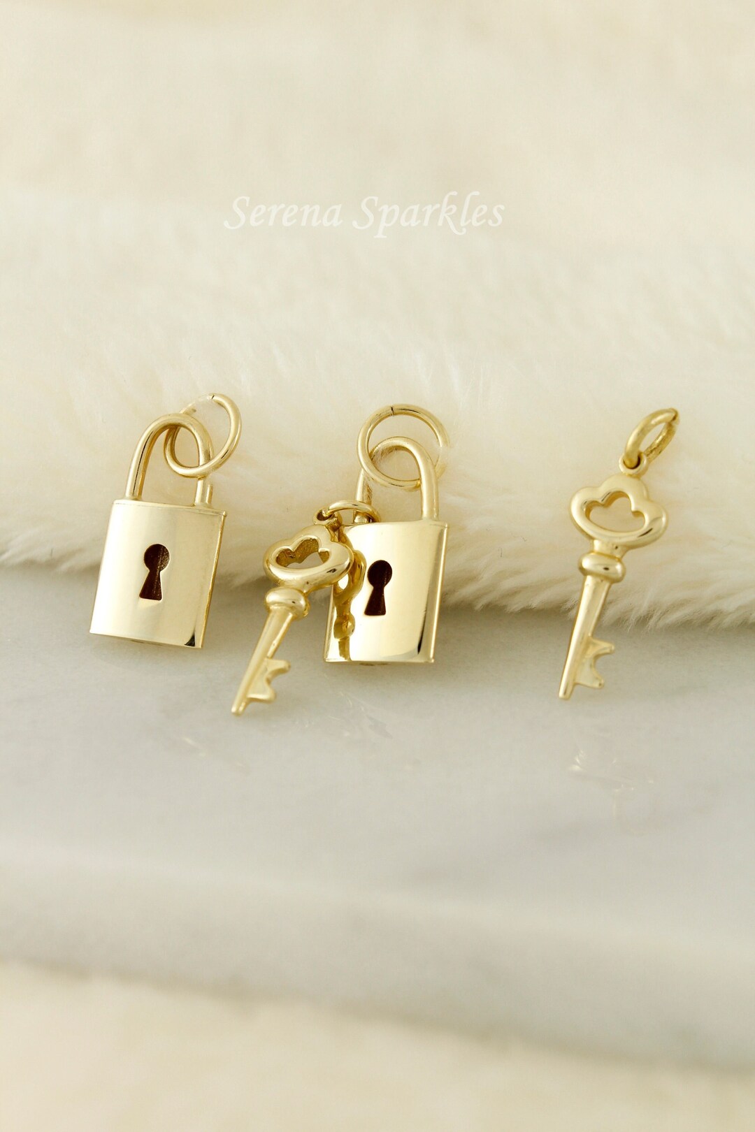 10k Solid Gold Lock & Key Charm, Dainty Lock Charm Necklace, Minimalist ...