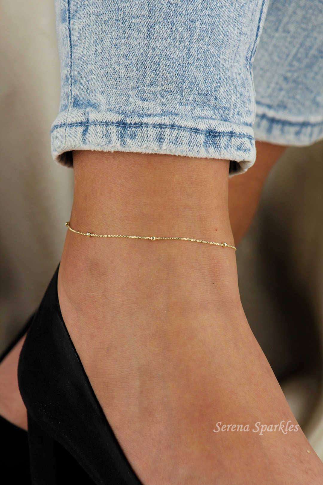 10k Solid Gold Satellite Chain Anklet, Real Gold Ball Anklet, Dainty ...