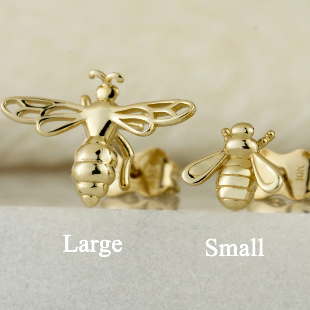 10k Solid Gold Bee Ear Stud Earrings, Real Gold Bumble Bee Stud Earrings, Tiny Gold Cartilage ...
