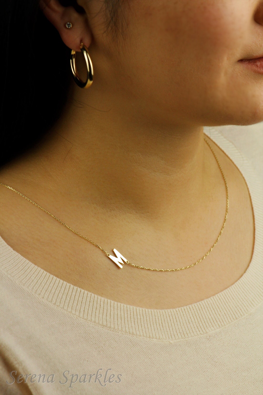 10k Solid Gold Initial Chain Necklace, Real Gold Sideway Initial ...