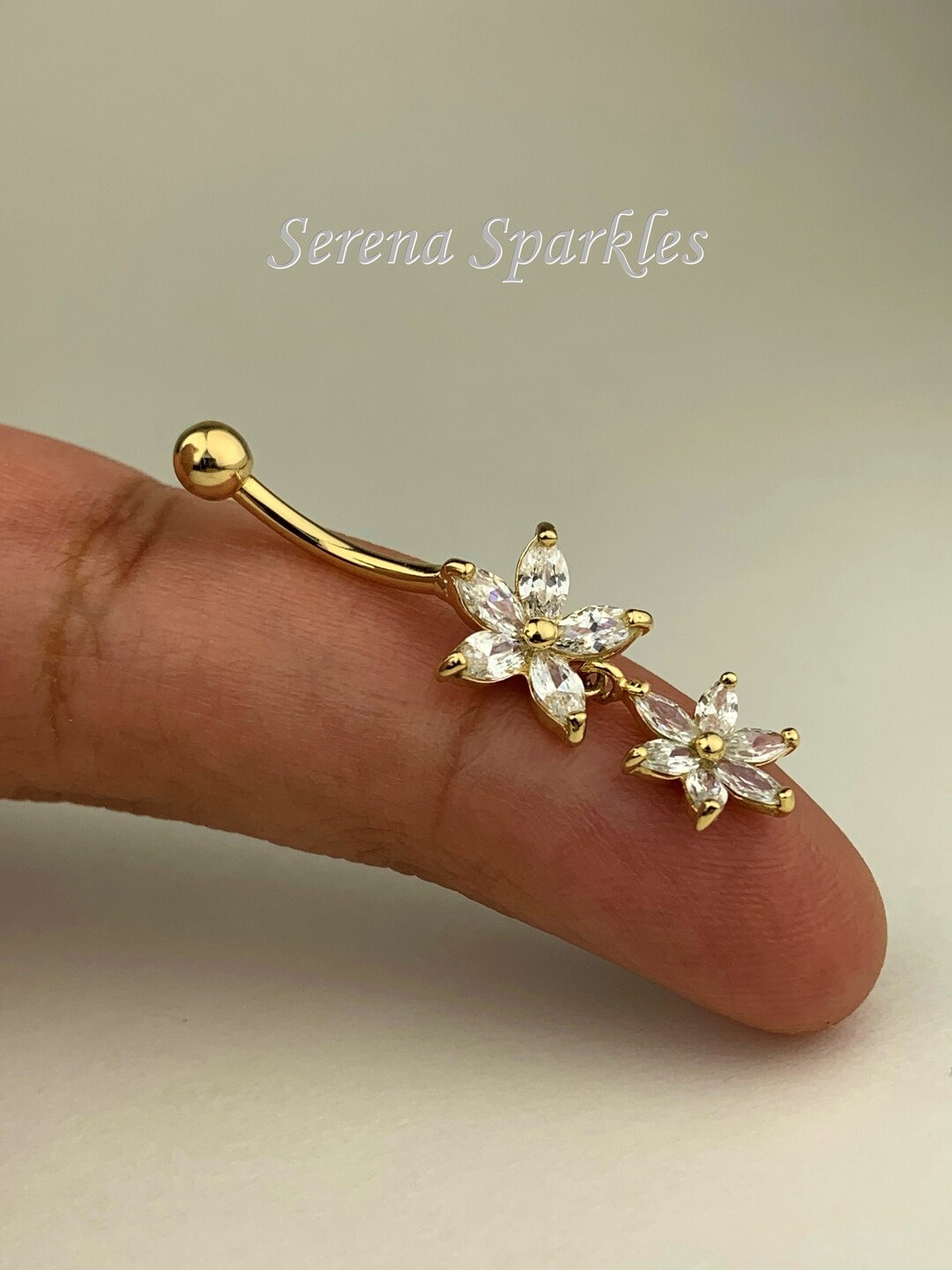 14k Solid Gold Flower Dangle Pendant Belly Button Barbell Ring With Cz ...