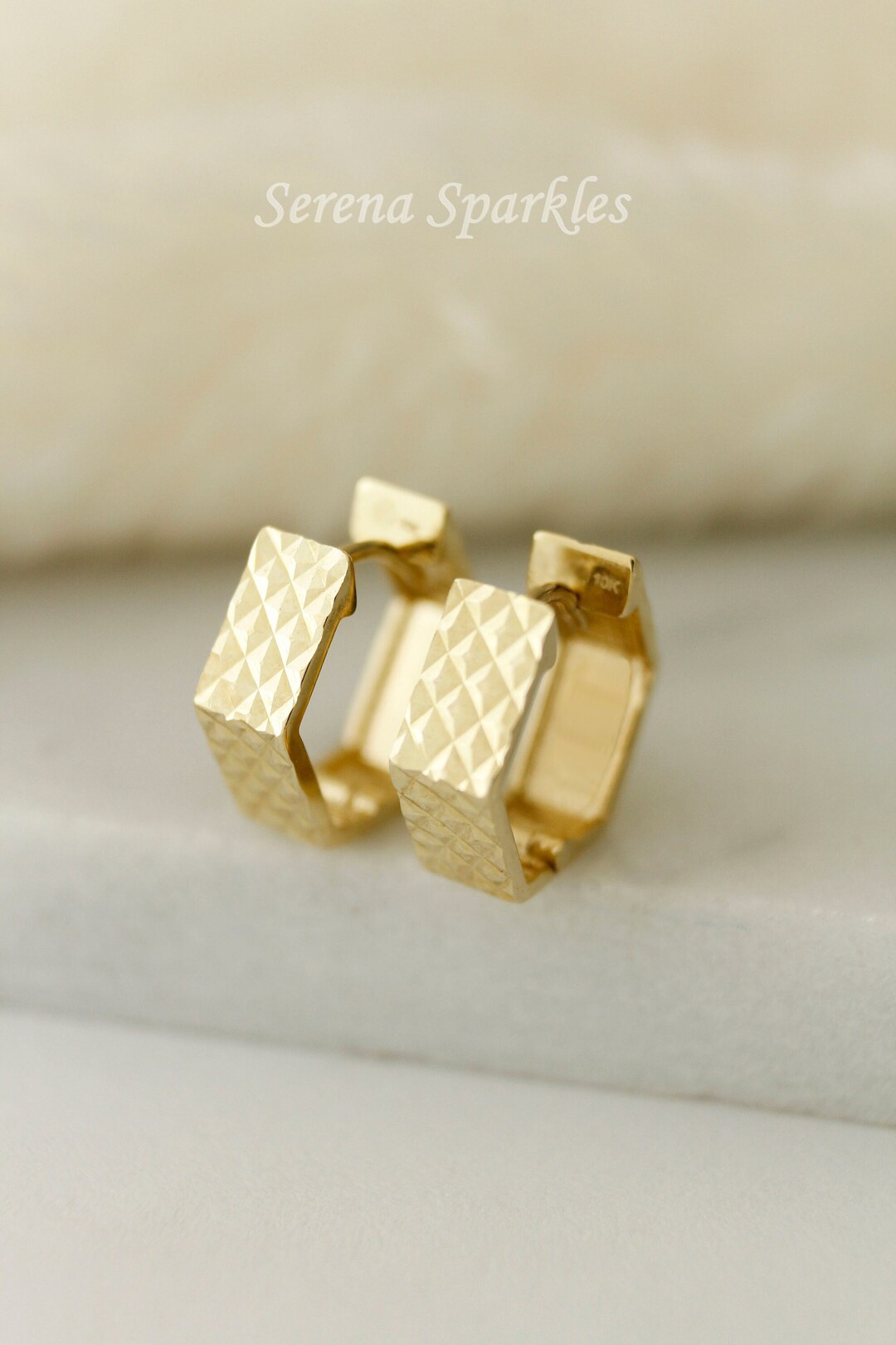 10k Solid Gold Textured Huggie Hoop Earrings, Solid Gold Hexagon Shape Huggies, Real Gold ...