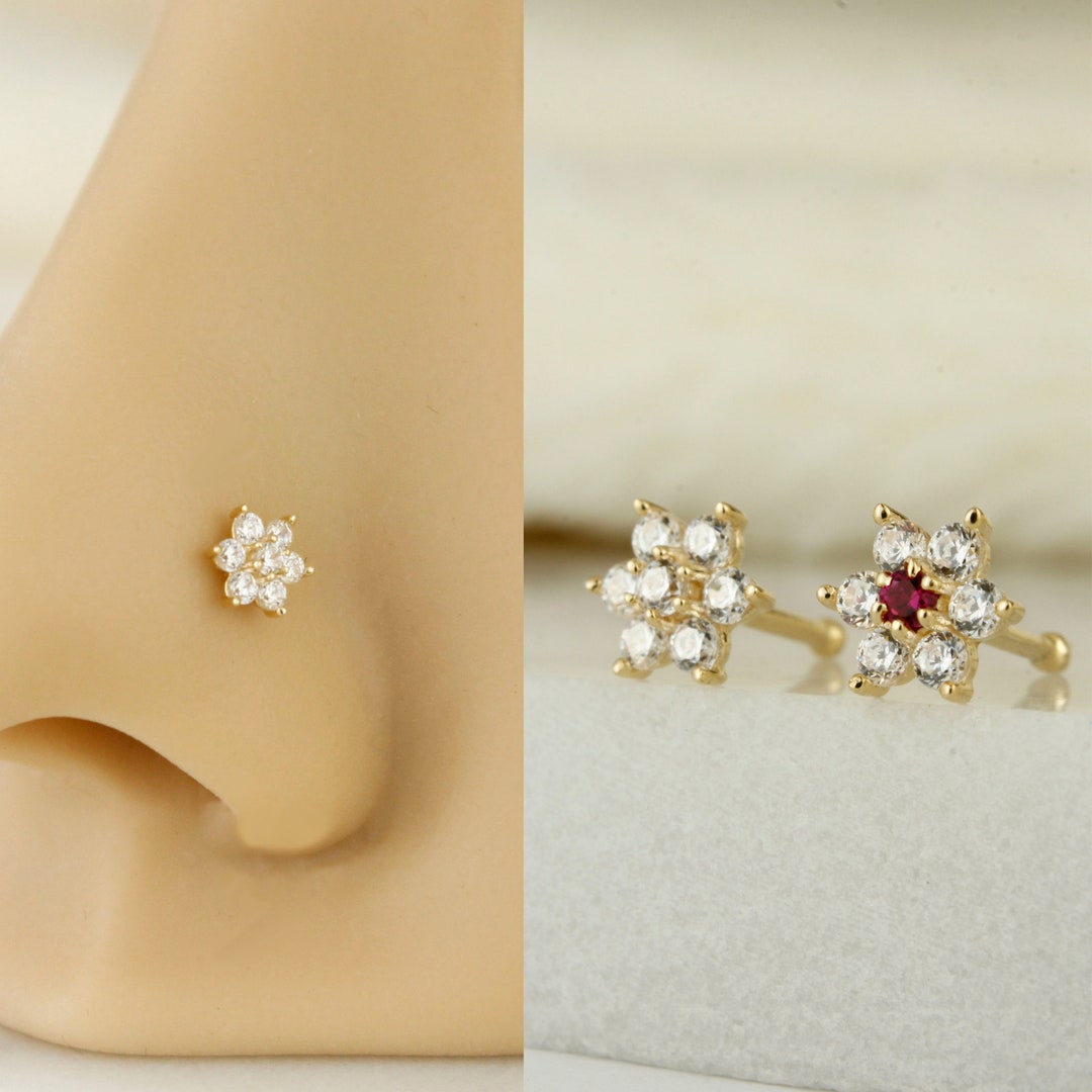 14k Solid Gold Nose Stud, 20G Real Gold Nose Stud, Gold CZ Nose Stud, Flower Nose Stud, Pink ...