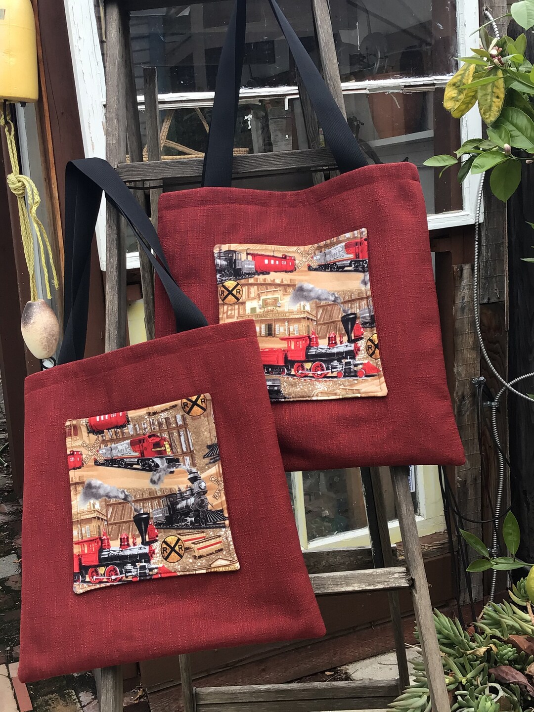 Strong and Sturdy Railroad Tote, Hearty Maroon Bag With Train Fabric ...