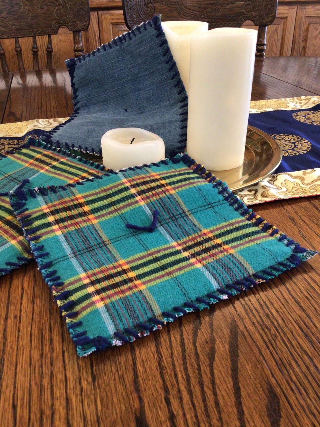 Denim and Green Plaid Flannel Potholders, Flannel and Levi Mug Rugs ...