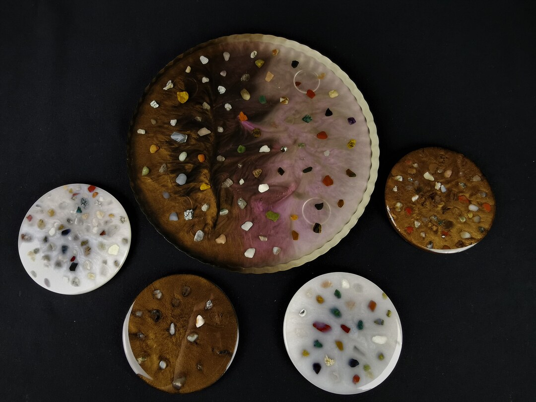 Natural Gemstones Serving Tray Board & Set of 4 Coasters epoxy Resin ...