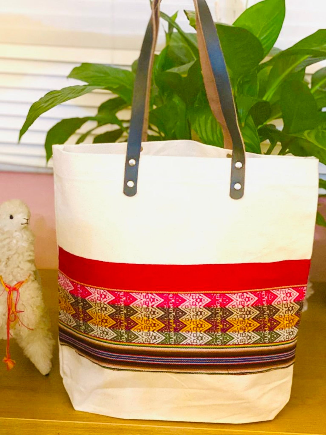 Natural Canvas With Peruvian Fabric Handmade Bag With Leather Strag - Etsy