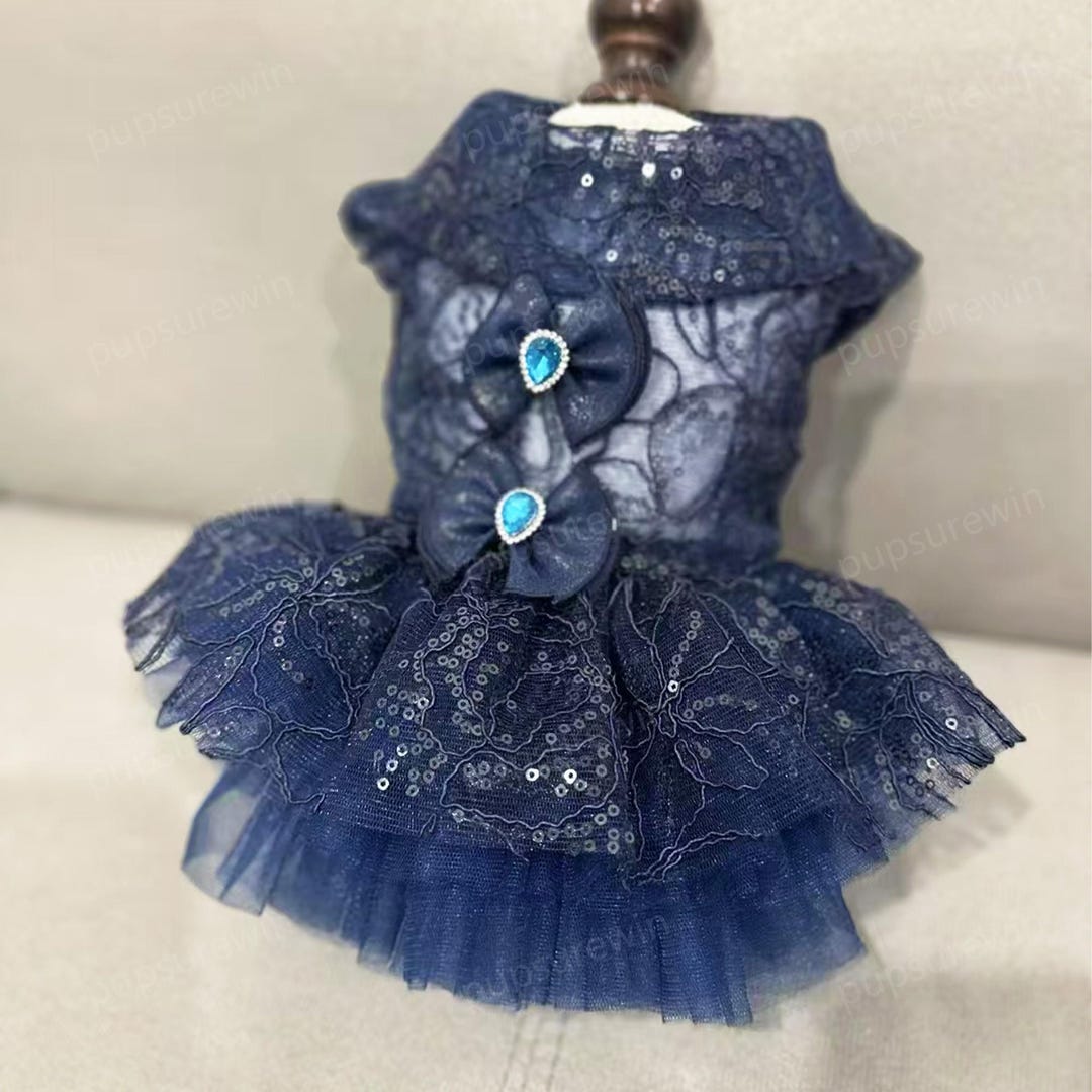 Dog Birthday Dress, Navy Floral Embroidery Evening Gown for Large Dogs ...