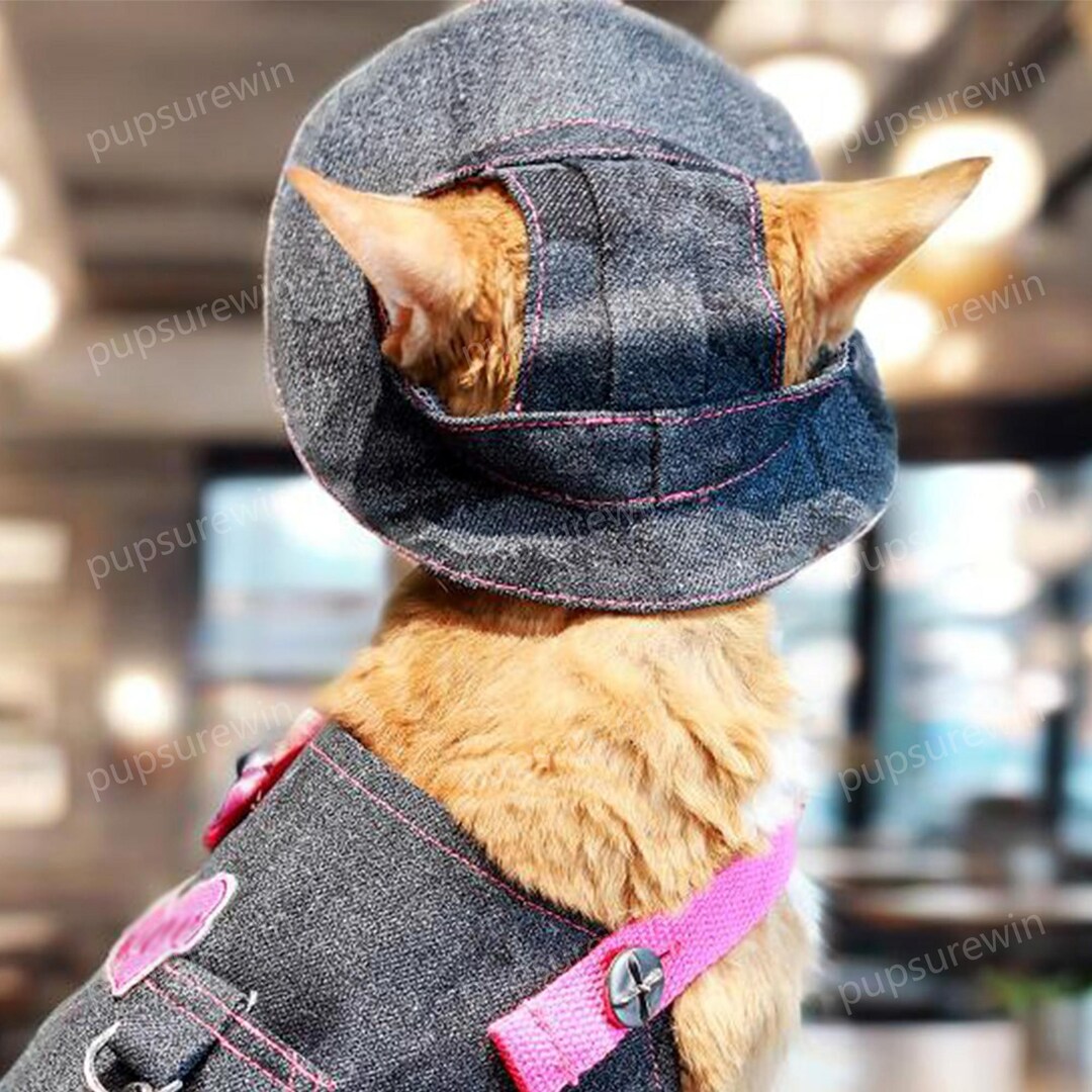 Summer Bucket Hat With Ear Holes for Sphynx Cat Devon Rex, Black Denim ...