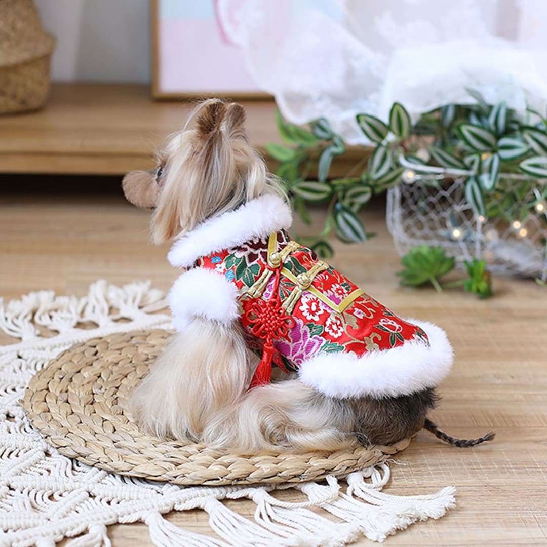 New Year Costume Red Flower Cheongsam Coat for Dogs and Cats, Chinese ...