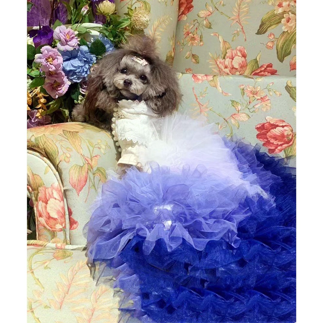 Custom Dog Wedding Dress Long Train Gown, Blue Ombre Long Trail Dress ...