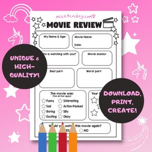 Movie Review Kids Printable Sheet, Kids Activity Sheet, Kids Movie ...