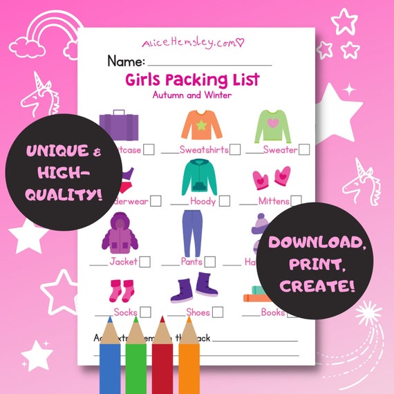 Girls Packing List Autum and Winter Kids Printable Sheet Kids - Etsy