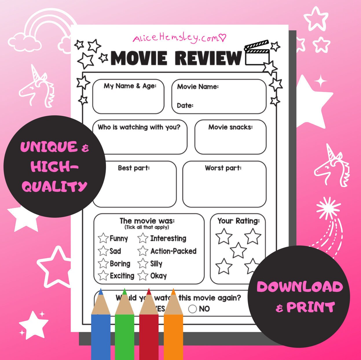 Movie Review Kids Printable Sheet Kids Activity Sheet Kids | Etsy