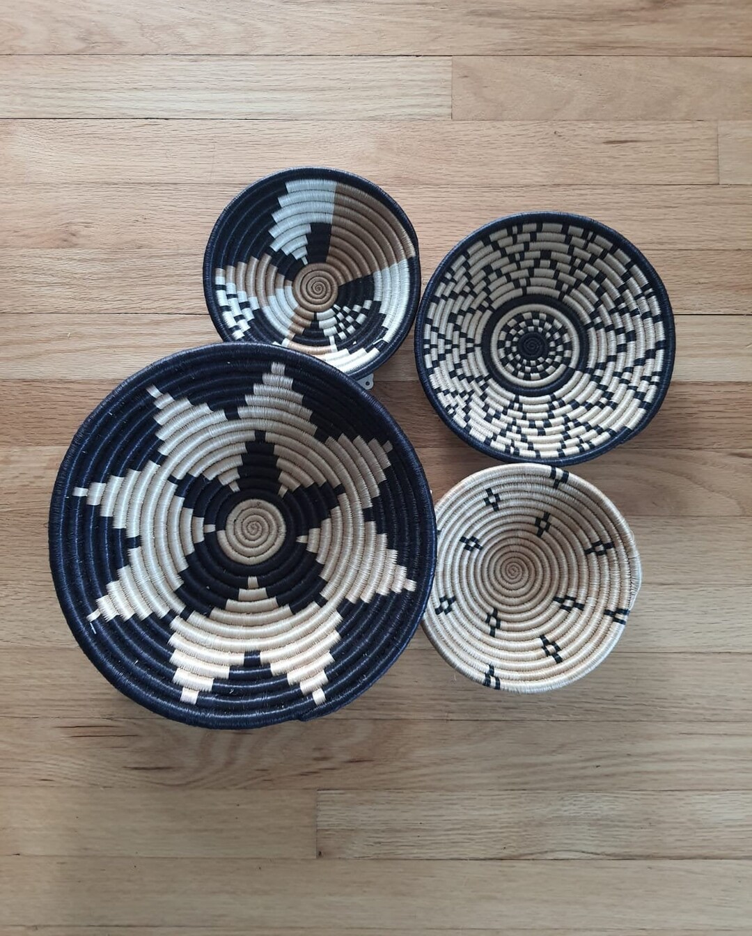 Set of 4 Black, Beige & White Rwanda Basket/ Handwoven Basket/ Hanging ...
