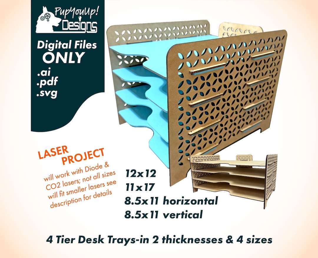 4 Tray Desk Organizer With Geometric Pattern-laser File in 8.5x11 ...