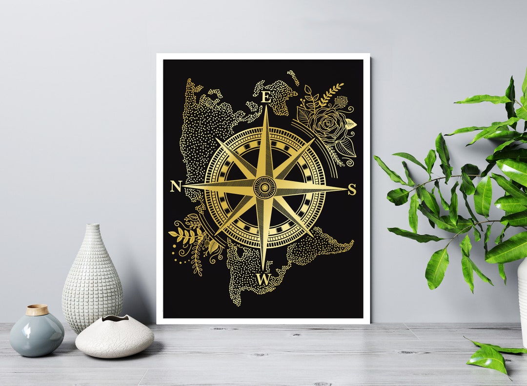 Compass Art Print | Vintage Compass Foil Print | Metallic Art Print ...