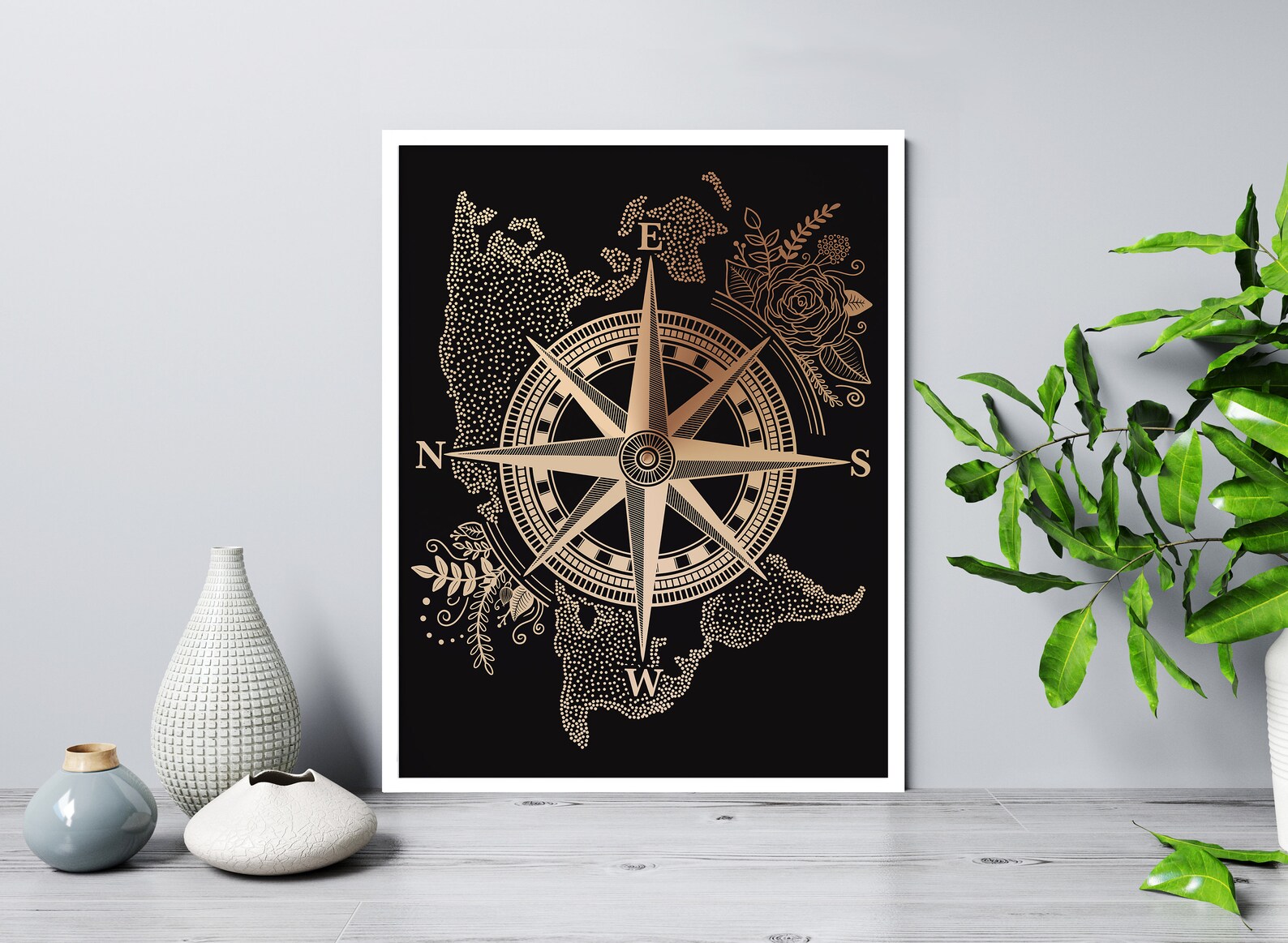 Compass Art Print Vintage Compass Foil Print Metallic Art - Etsy