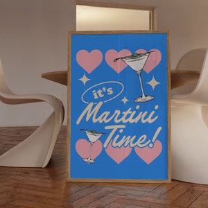 It's Martini Time Blue Pink Hearts Retro Digital Wall Art Poster Trendy ...