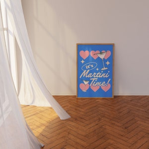 It's Martini Time Blue Pink Hearts Retro Digital Wall Art Poster Trendy ...