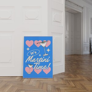 It's Martini Time Blue Pink Hearts Retro Digital Wall Art Poster Trendy ...