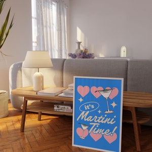 It's Martini Time Blue Pink Hearts Retro Digital Wall Art Poster Trendy ...