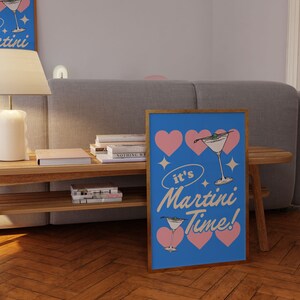It's Martini Time Blue Pink Hearts Retro Digital Wall Art Poster Trendy ...