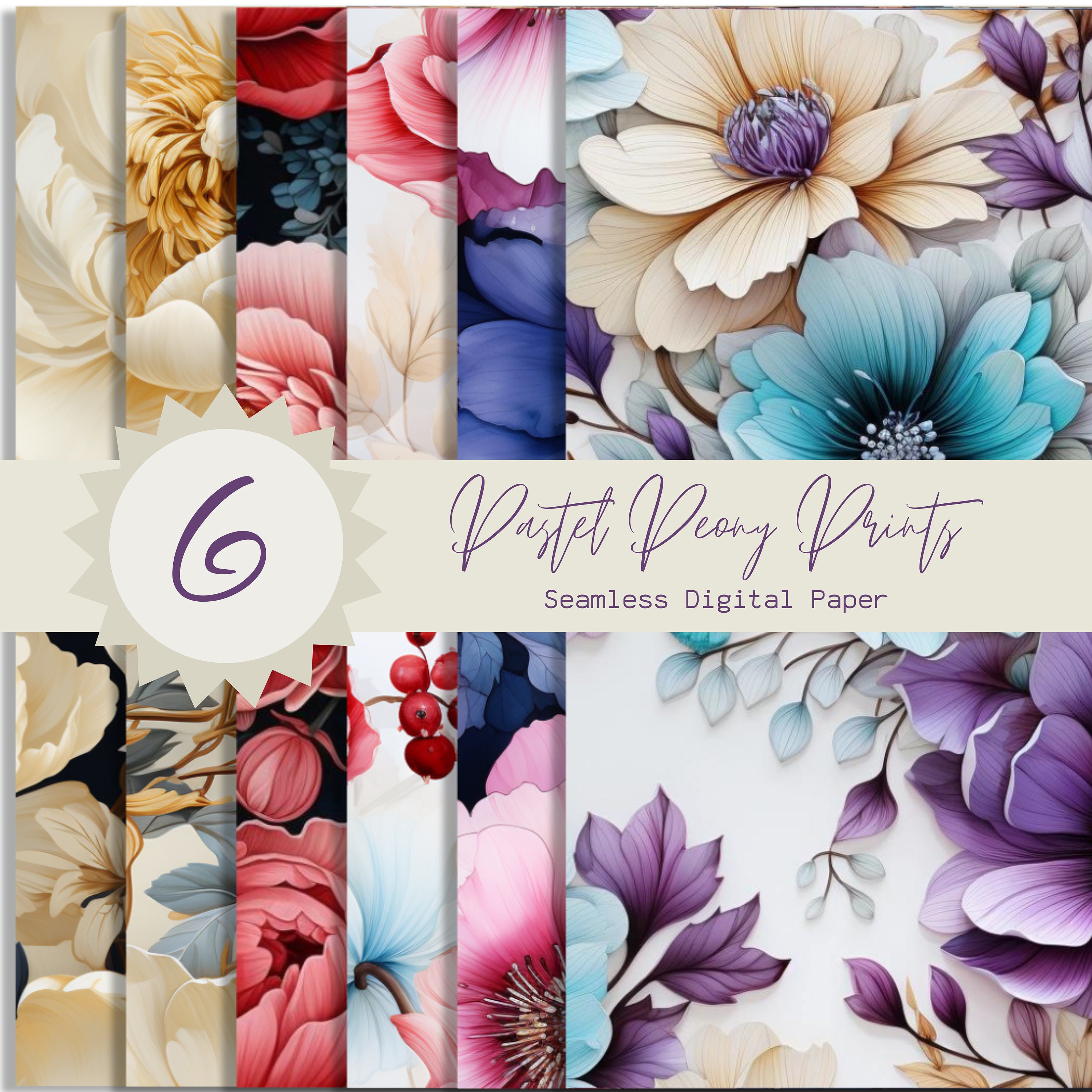 Pastel Peony Prints: Elegant Digital Papers Set of 6 for Stationery ...