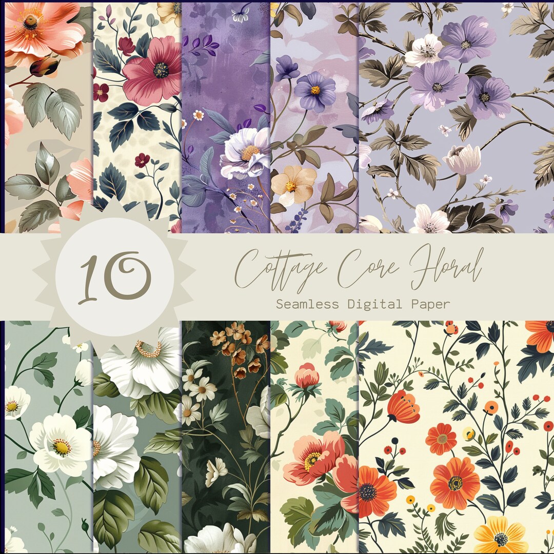 Cottage Core Floral Seamless Paper: Set of 10 Prints for Stationery ...