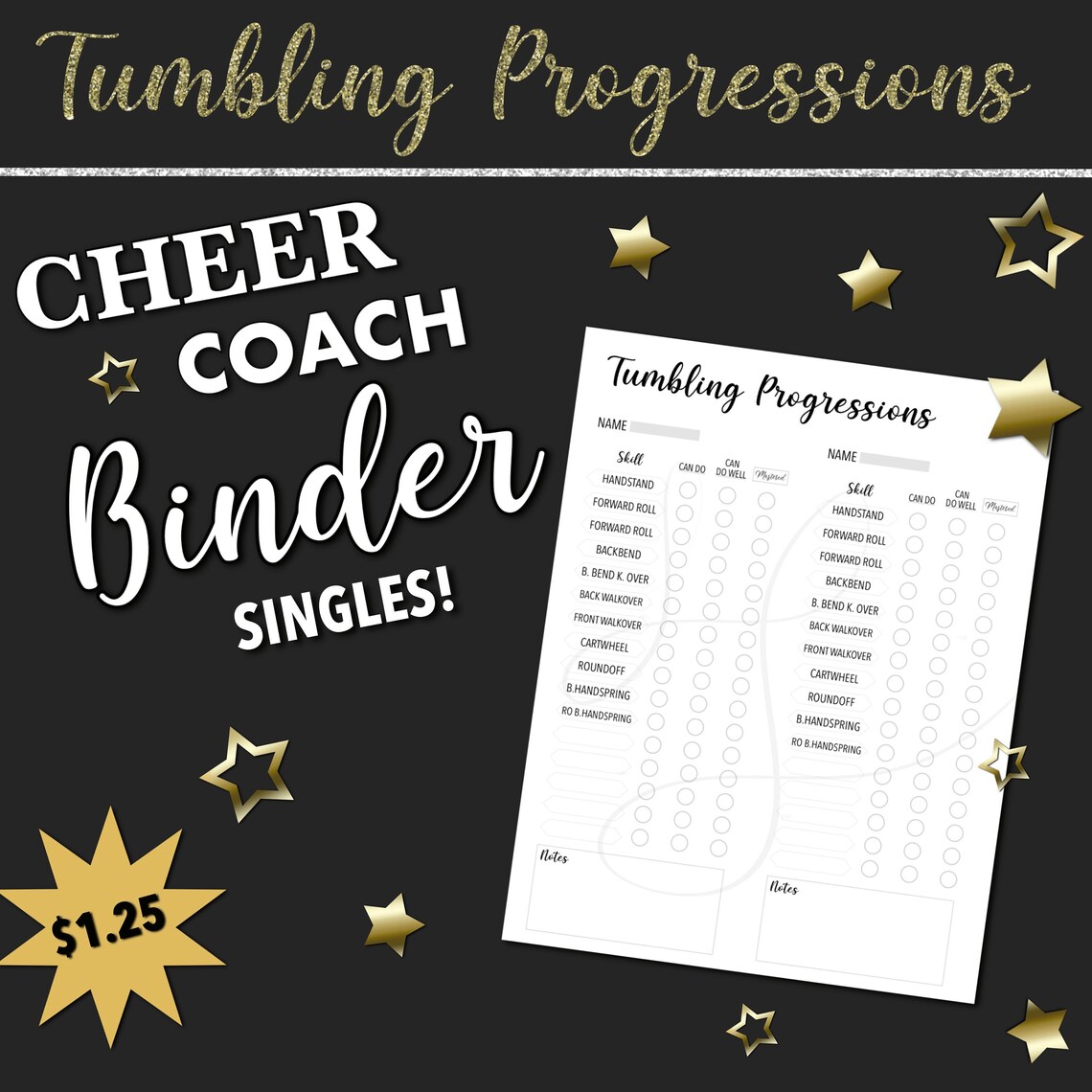 New! Tumbling Progressions Sheet, Cheerleading Coach Binder Printable ...