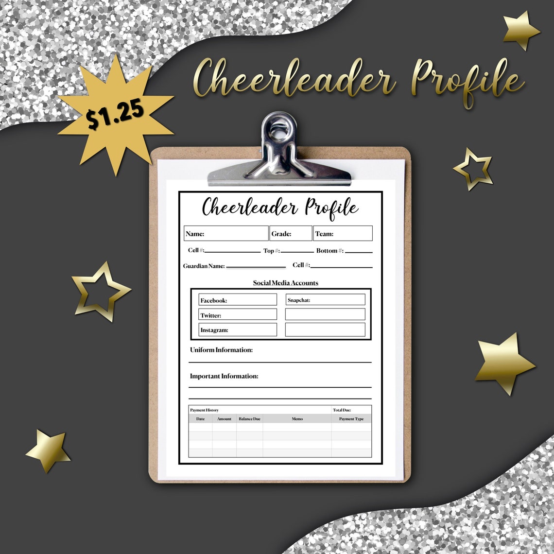 Cheerleader Profile, Cheerleading Coach Binder Printable, Digital ...