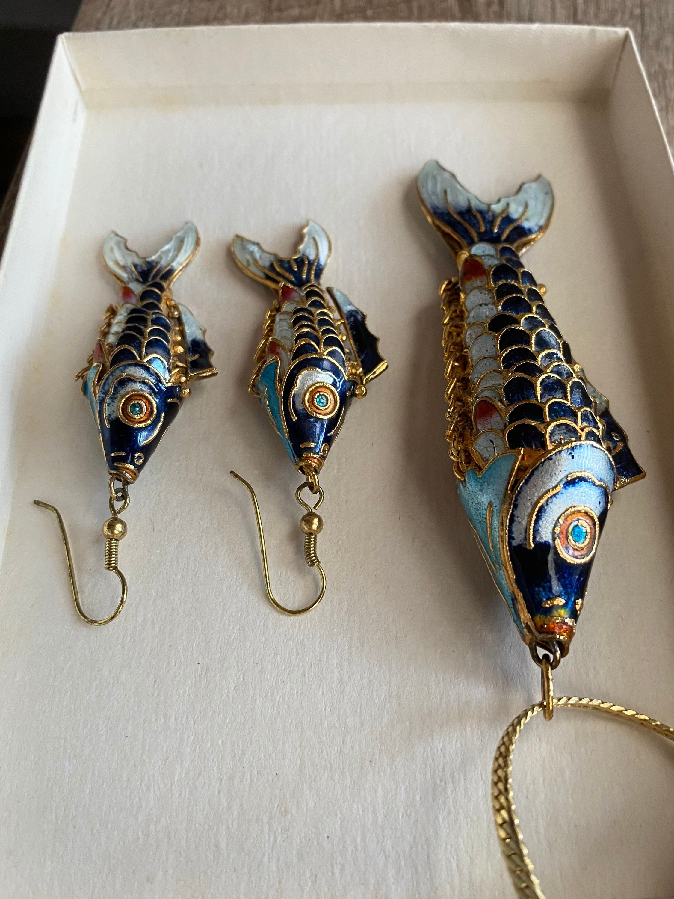 RARE Antique Enamel Articulated Fish Pendant and Earrings Gold ...