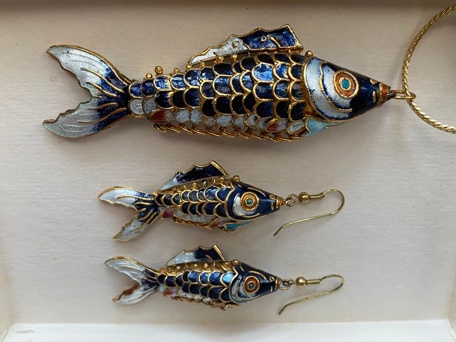 RARE Antique Enamel Articulated Fish Pendant and Earrings Gold ...