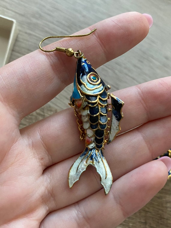 RARE Antique Enamel Articulated Fish Pendant and Earr… - Gem