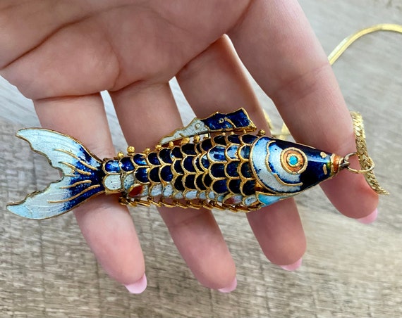 RARE Antique Enamel Articulated Fish Pendant and Earr… - Gem