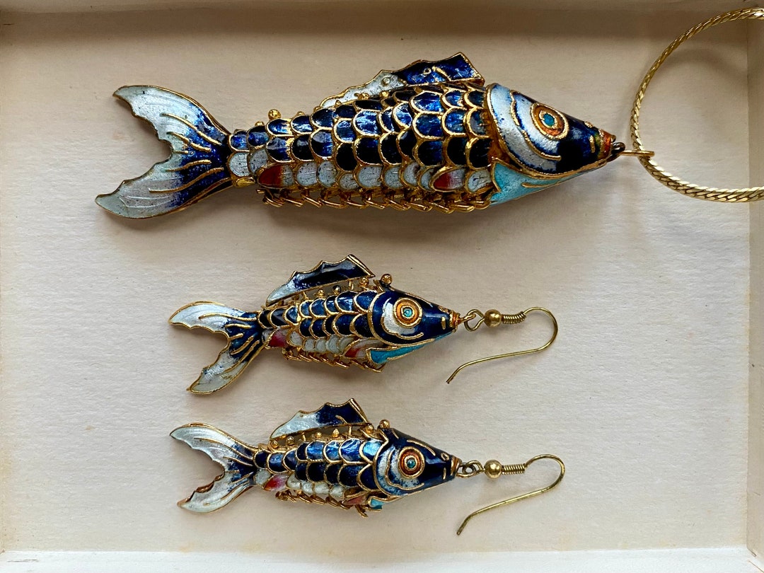 RARE Antique Enamel Articulated Fish Pendant and Earrings Gold ...