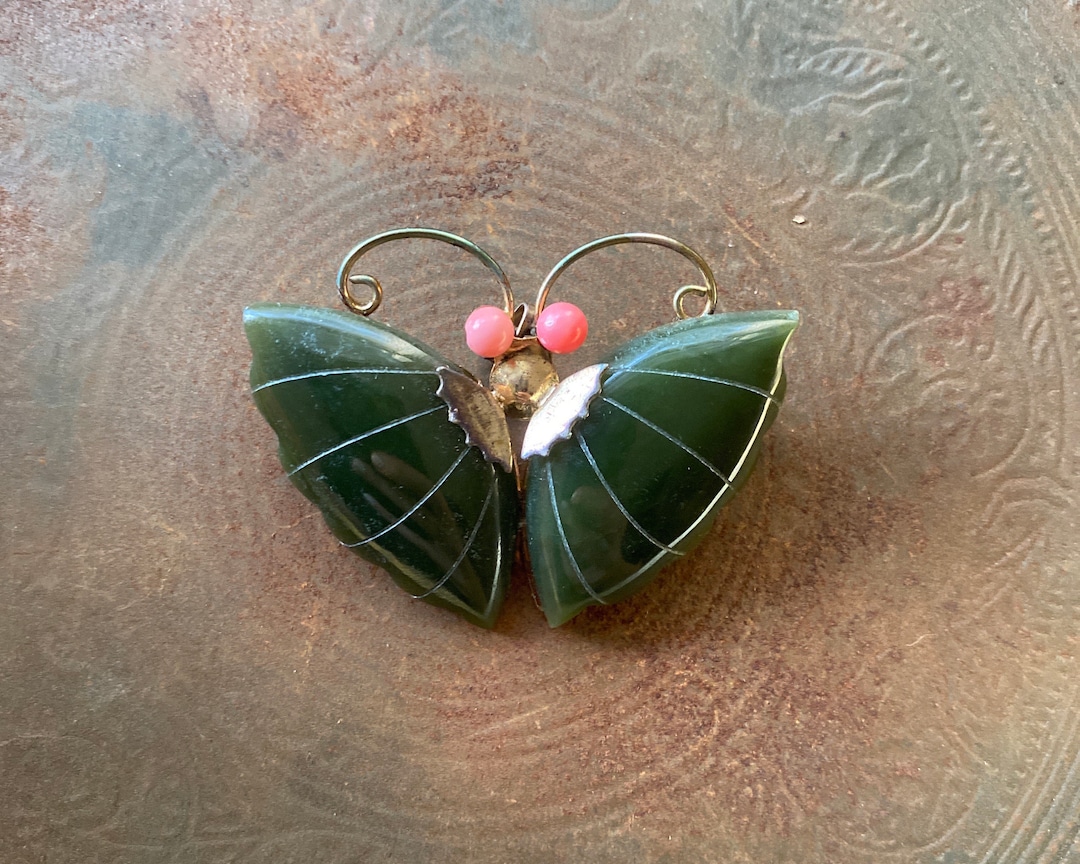 Vintage Jade & Red Coral Moth Butterfly Brooch Pendant Necklace 1960’s ...